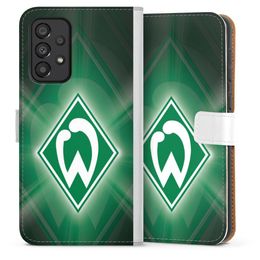 DeinDesign Galaxy A33 5G Handy Klapph&uuml;lle Handyh&uuml;lle aus Kunst Leder wei&szlig; Flip Case Coat Of Arms Official Licensed Product Sv Werder Bremen Sideflip mit Lasche