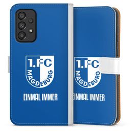 DeinDesign Galaxy A33 5G Handy Klapph&uuml;lle Handyh&uuml;lle aus Kunst Leder wei&szlig; Flip Case Coat Of Arms 1. Fc Magdeburg Official Licensed Product Sideflip mit Lasche