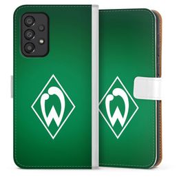 DeinDesign Galaxy A33 5G Handy Klapph&uuml;lle Handyh&uuml;lle aus Kunst Leder wei&szlig; Flip Case Logo Merchandise Sv Werder Bremen Sideflip mit Lasche