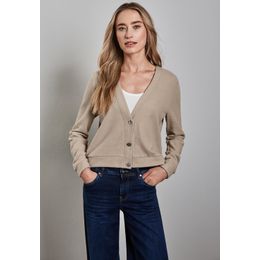 Cardigan Street One, Damen, Gr. 38, beige (honey sand meliert), Stoff, 66% Polyester, 34% Viskose, unifarben, casual, comfort fit kurz, V-Ausschnitt, Langarm Bündchen, Strickjacken, mit V-Ausschnitt