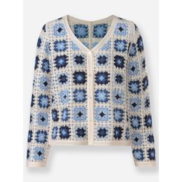 WITT Damen Strickjacke in H&auml;kel-Optik, ecru-jeansblau, Gr&ouml;&szlig;e 36/38