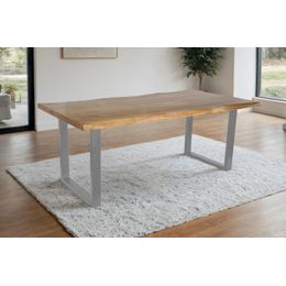Esstisch Baumkante Akazie massiv 50mm Eichefarben 200 x 100 cm U-Gestell silber CALI