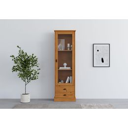 Vitrine Home Affaire "Schröder", beige (natur gebeizt, gewachst), B:55cm H:180cm T:35cm, Massivholz, MDF, Schränke, mit 1 Schiebetür, 2 Schubkästen, aus massivem Kiefernholz, Breite 55cm