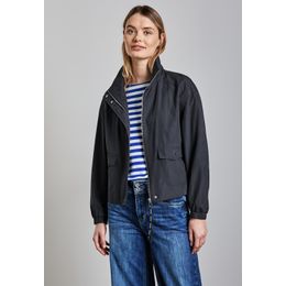 Kurzjacke Street One, Damen, Gr. 40, blau (gravity blau), Stoff, Obermaterial: 62% Polyester, 38% Baumwolle; Futter: 100% Polyester, unifarben, casual, comfort fit kurz, hoch geschlossener Ausschnitt, Langarm Bündchen, Jacken, aus softem Materialmix