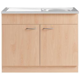 Wiho-K&uuml;chen WIHO K&Uuml;CHEN Sp&uuml;lenschrank &raquo;Kiel&laquo; 100 cm breit mit Auflagesp&uuml;le Front und Korpus: Buche Dekor, Arbeitsplatte. Marmor Dekor beige