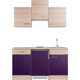 Flex-Well Pantryk&uuml;che &raquo;Portland&laquo; Breite 150, 5 cm, mit Unterbau-K&uuml;hlschrank, Kochfeld und Sp&uuml;le K&uuml;che: lila + Front: Akazie / Aubergine + Korpus:...