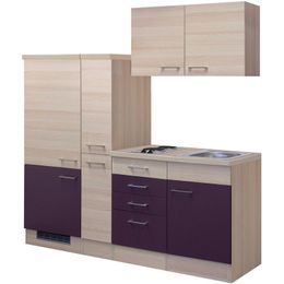Flex-Well K&uuml;che &raquo;Portland&laquo; Gesamtbreite 190 cm, mit Apothekerschrank, mit Einbau-K&uuml;hlschrank etc. K&uuml;che: lila + Front: Akazie / Aubergine +...