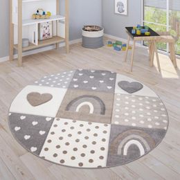 Paco Home Kinderteppich »Cosmos 349« rund 16 mm Höhe Kurzflor, kariert, 3D Effekt, Motiv Regenbogen, Herz & Punkte Beige Obermaterial: 100%...