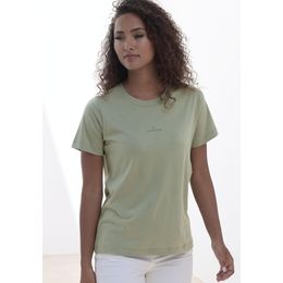 T-Shirt Copenhagen Studios "mit dezentem Logoprint vorn", Damen, Gr. M (38), gr&uuml;n (light olive), Single Jersey, Obermaterial: 100% Baumwolle, unifarben, bequem, Rundhals, Shirts T-Shirt, aus softer Jersey-Qualit&auml;t mit Bio-Baumwolle