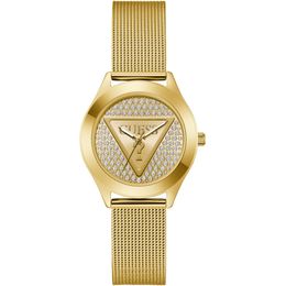 Guess Damen Quarzuhr "GLITZ PLAQUE", gold, Armbanduhren, Armbanduhr, Damenuhr, Edelstahlarmband, Mineralglas, analog