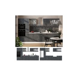 VICCO K&uuml;chenzeile R-Line 350 cm Schwarz Beton Wei&szlig; mit Arbeitsplatte Eiche