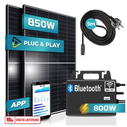 SUNNIVA&reg; 850W Balkonkraftwerk 800W komplett Steckdose - TSUN 800W Wechselrichter - PV Solaranlage Komplettset - 2x 425W Solarmodule - inkl. 5m Kabel - Bluetooth WIFI