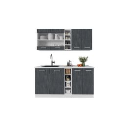 VICCO Singlek&uuml;che R-Line 160 cm Schwarz Beton Wei&szlig; mit Arbeitsplatte Wei&szlig; Marmor