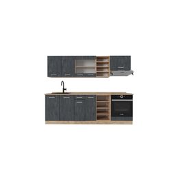 VICCO K&uuml;chenzeile R-Line 240 cm Schwarz Beton Eiche mit Arbeitsplatte Wei&szlig;-Marmor