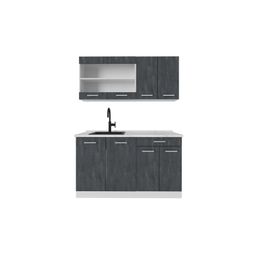 VICCO Singlek&uuml;che R-Line 140 cm Schwarz Beton Wei&szlig; mit Arbeitsplatte Wei&szlig; Marmor