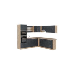 VICCO Eckk&uuml;che R-Line 247x237 cm Schwarz Beton Eiche mit Arbeitsplatte Wei&szlig;-Marmor