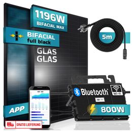 SUNNIVA&reg; 920W Balkonkraftwerk BIFAZIAL FULLBLACK komplett Steckdose ASTRO-E 800 Watt Wechselrichter, PV Solaranlage Komplettset, 2x 460W N-Type Glas-Glas Bifacial Solarmodule, 5m Kabel, 4x 1m Solarkabel