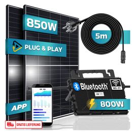 SUNNIVA&reg; 850W Balkonkraftwerk 800W komplett Steckdose - Astro-Energy 800W Micro Wechselrichter - PV Solaranlage Komplettset - 2x 425W (850W) Solarmodule - inkl. 5m Kabel - Bluetooth, WIFI