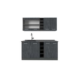 VICCO Singlek&uuml;che R-Line 160 cm Schwarz Beton Anthrazit mit Arbeitsplatte Wei&szlig;-Marmor