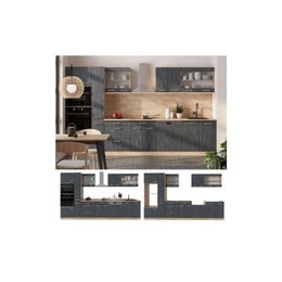 VICCO K&uuml;chenzeile R-Line 350 cm Schwarz Beton Eiche mit Arbeitsplatte Wei&szlig;-Marmor