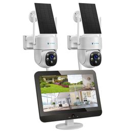 LUVISION Dual WLAN PTZ &Uuml;berwachungssystem mit LED Monitor 4MP Solar PTZ &Uuml;berwachungskamera Mikrofon, Sirene, Smarte Nachtsicht 4 Kameras