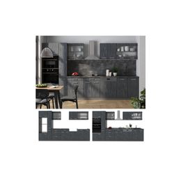 VICCO K&uuml;chenzeile R-Line 350 cm Schwarz Beton Anthrazit mit Arbeitsplatte Eiche