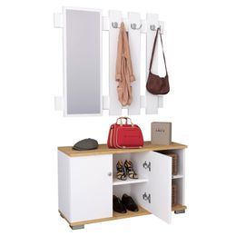 Schuhschrank Vcm "Vcm Holz Sitzbank 2-tlg.-Set Schuhschrank Maße: H. 82 x B. 90 x T. 33 cm Wandpaneel mit 3 Haken und einem Spiegel 2 Drehtüren 2 Fächer 2 offene Fächer - Gados XL" Gr. 90, weiß, honig, eiche, B:90cm H:132cm T:33cm, Obermaterial: 100% Holz Wood., Schränke