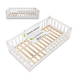 Juskys Kinderbett Naya 80x160 cm - Bett mit Rausfallschutz & Lattenrost - Holz Bodenbett Kinder Weiß