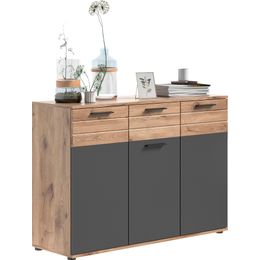 Sideboard Inosign "Riga, Breite 120cm, 3 Türen, 1 Schubkasten, 5 Einlegeböden, 8 Fächer", braun (nox oak nb, basalt grau nb), B:120cm H:87cm T:40cm, FSC-zertifizierter Holzwerkstoff, Sideboards, hochwertige Rillenfräsung, mit Softclose, Kommode, Anrichte, Schrank