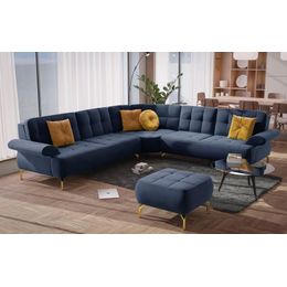 Sit & More Ecksofa SIT & MORE "Orient 1 L-Form", blau, B:299cm H:88cm T:279cm, 100% Polyester, Sofas, Ecksofa, inkl. 4 Zierkissen mit Strass-Stein, goldfarbene Metallf&uuml;&szlig;e