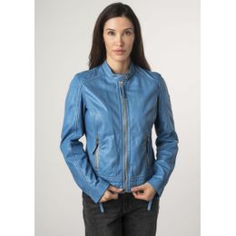 Lederjacke Mauritius "MWFilla", Damen, Gr. XL, blau, Obermaterial: 100% Schafsleder. Futter: 100% Baumwolle. Ärmelfutter: 100% Polyester, unifarben, modisch, regular fit kurz, Langarm mit Reißverschluss, Jacken, mit kleinem Stehkragen