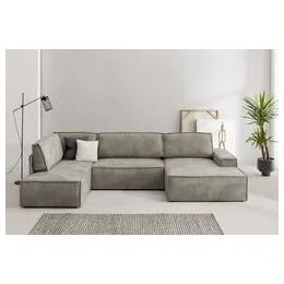 Wohnlandschaft Home Affaire "SHERWOOD XXL 329 cm, U-Form, Schlafsofa", grau (mittelgrau), B:329cm H:85cm T:195cm, Sofas, Schlaffunktion m. Bettkasten (194x139 cm), Cord, Vintage, Samtvelours