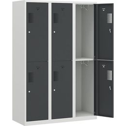 eurokraft basic Doppelstock-Spind Amsterdam, 3 Abteile, Breite 1200 mm, 6 Fächer, lichtgrau / basaltgrau