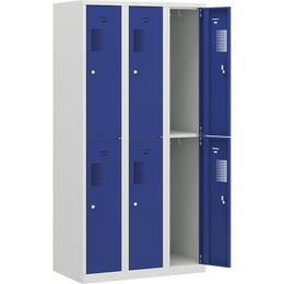 eurokraft basic Doppelstock-Spind Amsterdam, 3 Abteile, Breite 900 mm, 6 Fächer, lichtgrau / enzianblau