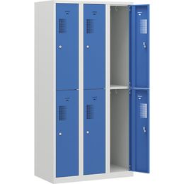 eurokraft basic Doppelstock-Spind Amsterdam, 3 Abteile, Breite 900 mm, 6 Fächer, lichtgrau / lichtblau