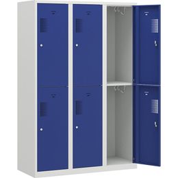 eurokraft basic Doppelstock-Spind Amsterdam, 3 Abteile, Breite 1200 mm, 6 Fächer, lichtgrau / enzianblau