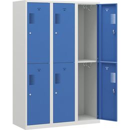 eurokraft basic Doppelstock-Spind Amsterdam, 3 Abteile, Breite 1200 mm, 6 Fächer, lichtgrau / lichtblau