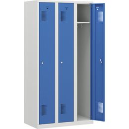 eurokraft basic Spind Amsterdam, 3 Abteile, lichtgrau / lichtblau, Breite 900 mm, Zylinderschloss
