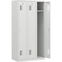 eurokraft basic Spind Amsterdam, 3 Abteile, lichtgrau, Breite 900 mm, Zylinderschloss