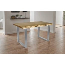 Esstisch Baumkante Akazie massiv 50mm Eichefarben 140 x 80 cm U-Gestell silber CALI