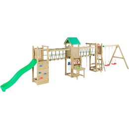 Spielturm Fungoo "Maxi Funny Space Longer, mit Rutsche, Doppelschaukel, Kletterwand", beige (natur), Spieltürme, KinderB:938cm H:257cm T:211cm, FSC-zertifizierter Massivholz, Picknicktisch; Made in Europe, B:938cm H:257cm T:211cm