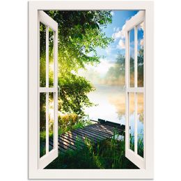 Wandbild Artland "Fensterblick Angelsteg am Fluss", weiß (farbe bild(er): weiß), B:70cm H:100cm, Bilder, als Alubild, Outdoorbild, Leinwandbild, Poster, Wandaufkleber