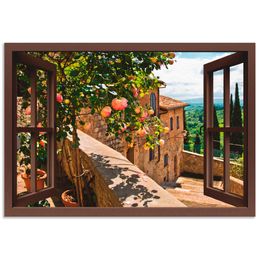 Wandbild Artland "Fensterblick Rosen auf Balkon Toskana", braun (farbe bild(er): braun), B:70cm H:50cm, Bilder, als Alubild, Outdoorbild, Leinwandbild, Poster, Wandaufkleber