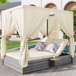 Merax Gartenliege mit Vorhang – Wetterfeste Outdoor-Liege mit verstellbarer Rückenlehne, 6 cm Polsterung und Klapptisch, ideal für Garten, Balkon