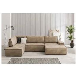 Wohnlandschaft Home Affaire "SHERWOOD XXL 329 cm, U-Form, Schlafsofa", beige, B:329cm H:85cm T:195cm, Sofas, Schlaffunktion m. Bettkasten (194x139 cm), Cord, Vintage, Samtvelours