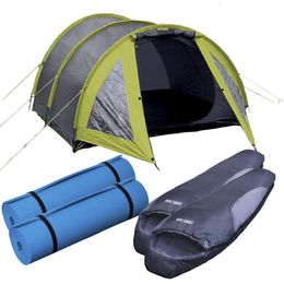 Tunnelzelt EXPLORER "Campingset 5-teilig, 1 Zelt / 2 Schlafsäcke / 2 Isomatten", grau (grau, beige), Zelte, B/H/L: 210cm x 120cm x 295cm, B:210cm H:120cm L:295cm