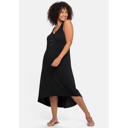 Strandkleid sheego "Große Größen", Damen, Gr. 40, Normalgrößen, schwarz, Obermaterial: 95% Viskose (LENZING ECOVERO), 5% Elasthan, unifarben, casual, figurumspielend wadenlang, V-Ausschnitt, ohne Ärmel, Kleider, im Vokuhila-Look