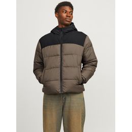 Jack & Jones Steppjacke JACK & JONES "JJMOON HOOD PUFFER", Herren, Gr. XS, braun (canteen detail:blocking), Web, Obermaterial: 100% Polyester, colorblocking, modisch, normal, Langarm elastischer Bund, Jacken