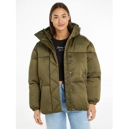 Steppjacke Tommy Jeans "TJW OVR SATIN PUFFER", Damen, Gr. L (40), grün (drab olive grün), Web, Obermaterial: 100% Polyester. Wattierung: 100% Polyester, unifarben, casual, oversize, Langarm Bündchen, Jacken, mit Tommy Jeans Markenlabel