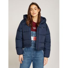 Steppjacke Tommy Jeans CURVE "JW ASPEN PUFFER EXT", Damen, Gr. 4XL (48), blau (schwarz night navy), Web, Obermaterial: 100% Polyamid. Futter: 100% Polyester, unifarben, casual, Basic, Langarm Raglanärmel mit Gummizug, Jacken, mit hochschließendem Kragen, Kapuze, Leistentaschen